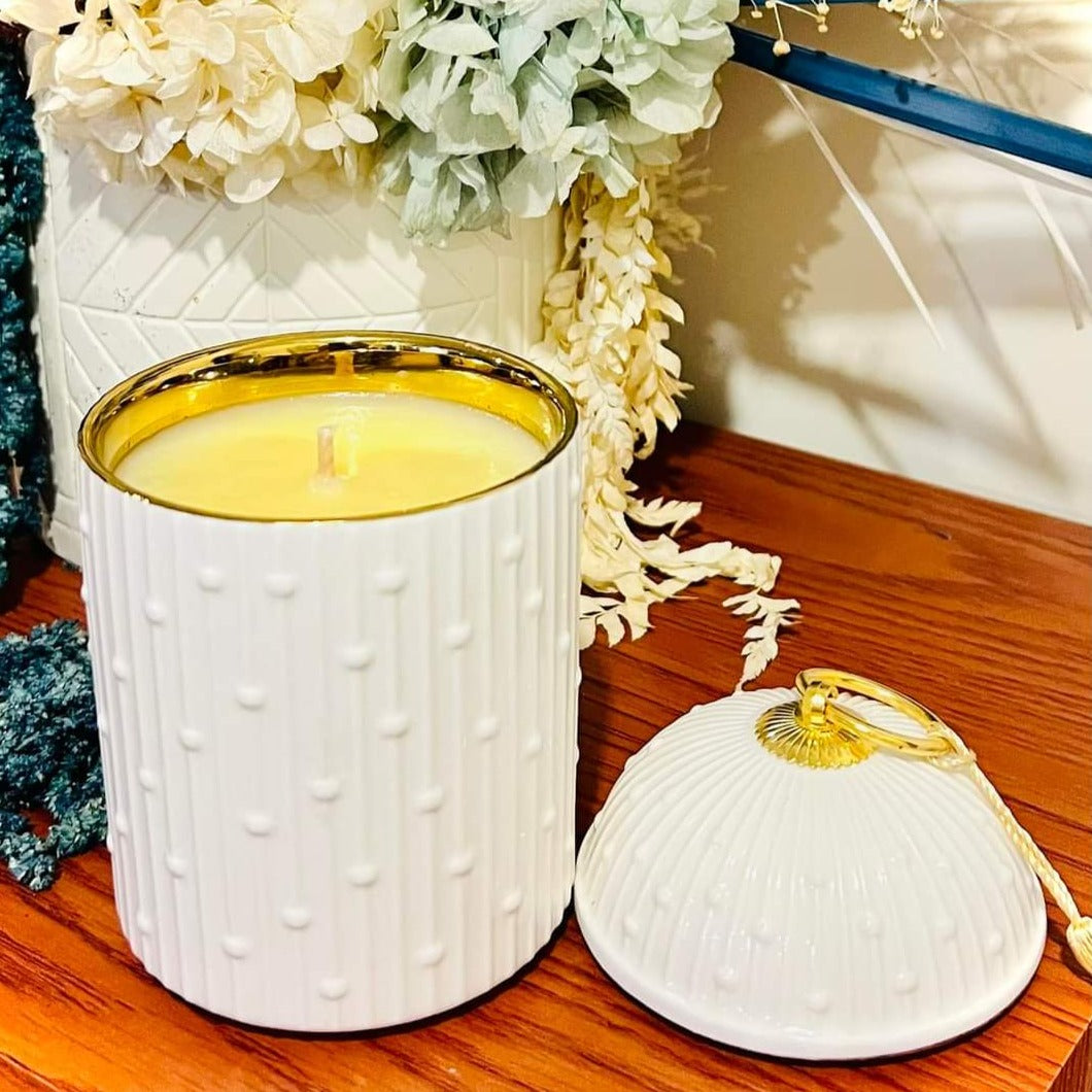 White Embossed Ceramic Vessel with Lid – Wholesale Candela Supplies