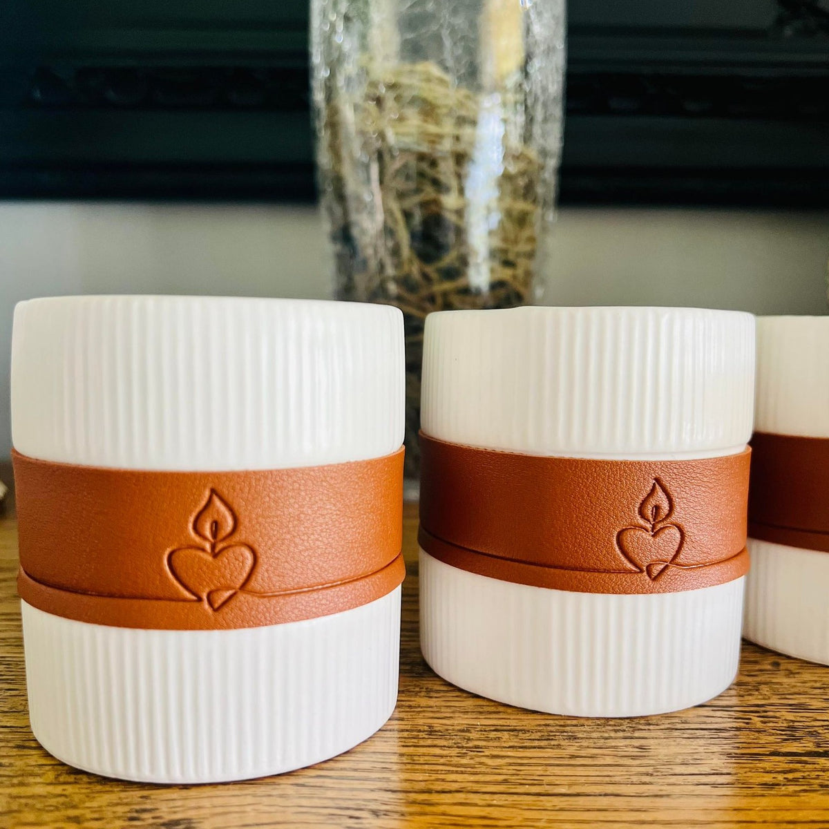 White Striped Ceramic Vessel with Leather band – Wholesale Candela Supplies